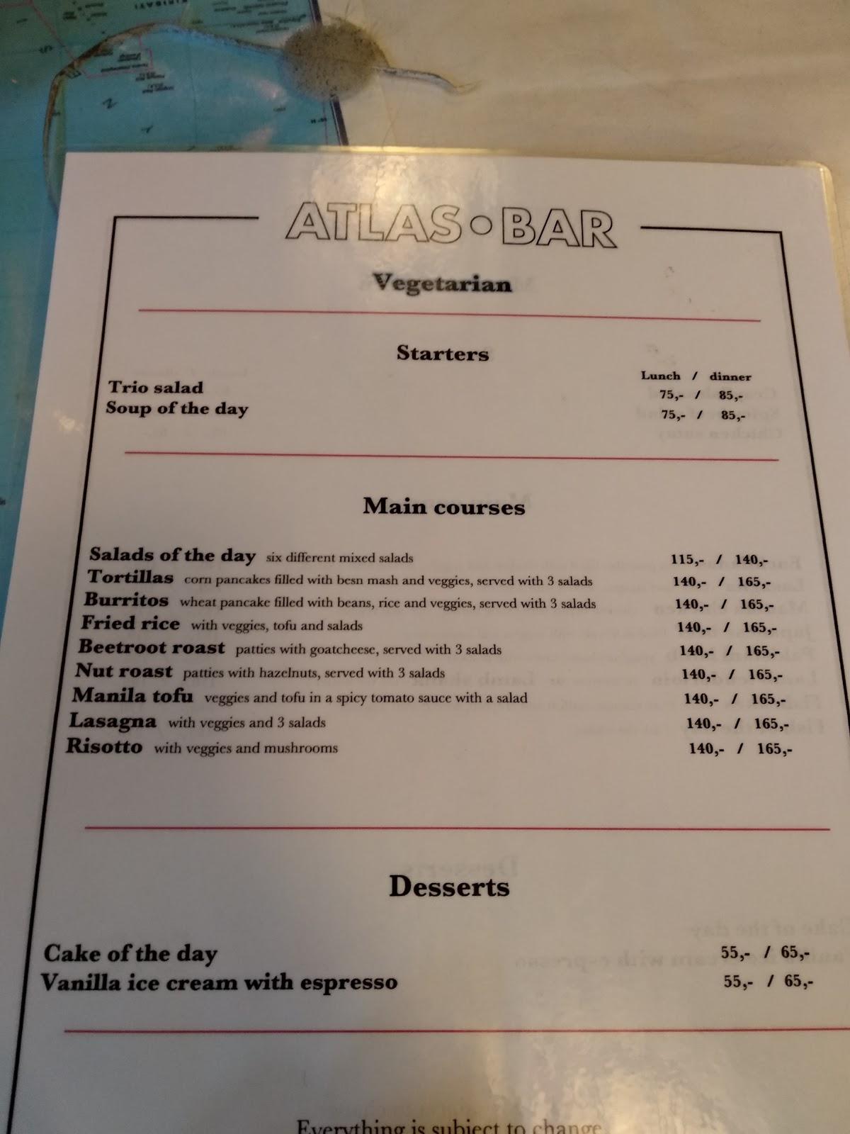 Menu at Atlas Bar, Copenhagen