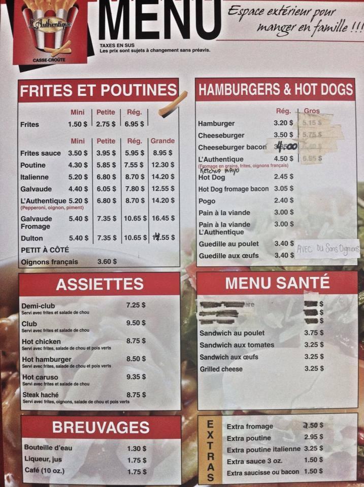 Menu au Casse-Croûte L'Authentique restaurant, Québec