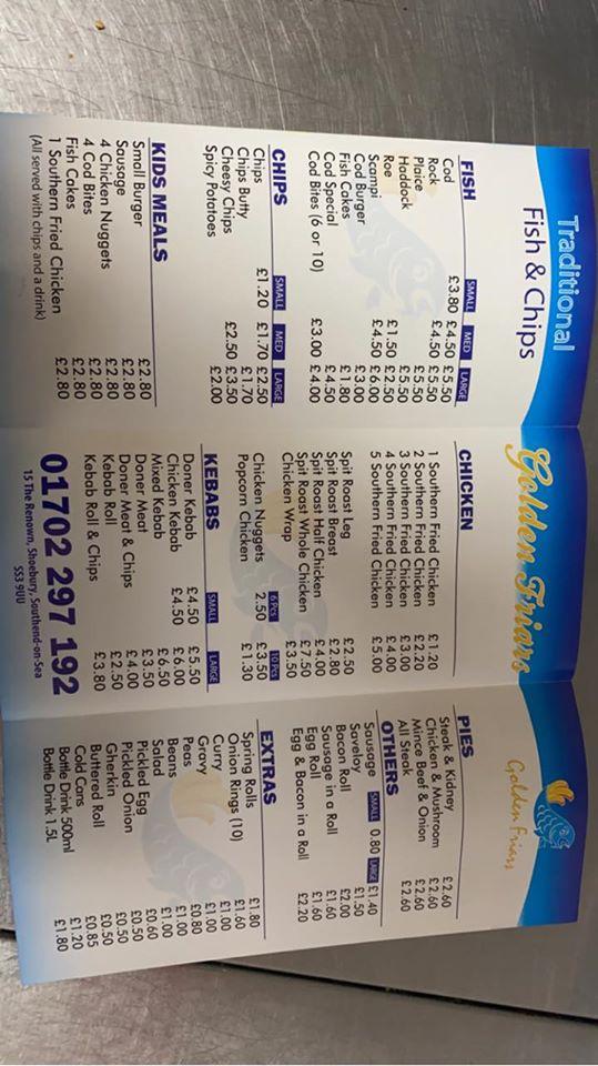 Menu at Golden Friars restaurant, Southend-on-Sea