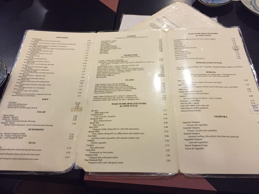 Menu at Isami Sushi restaurant, Burnaby