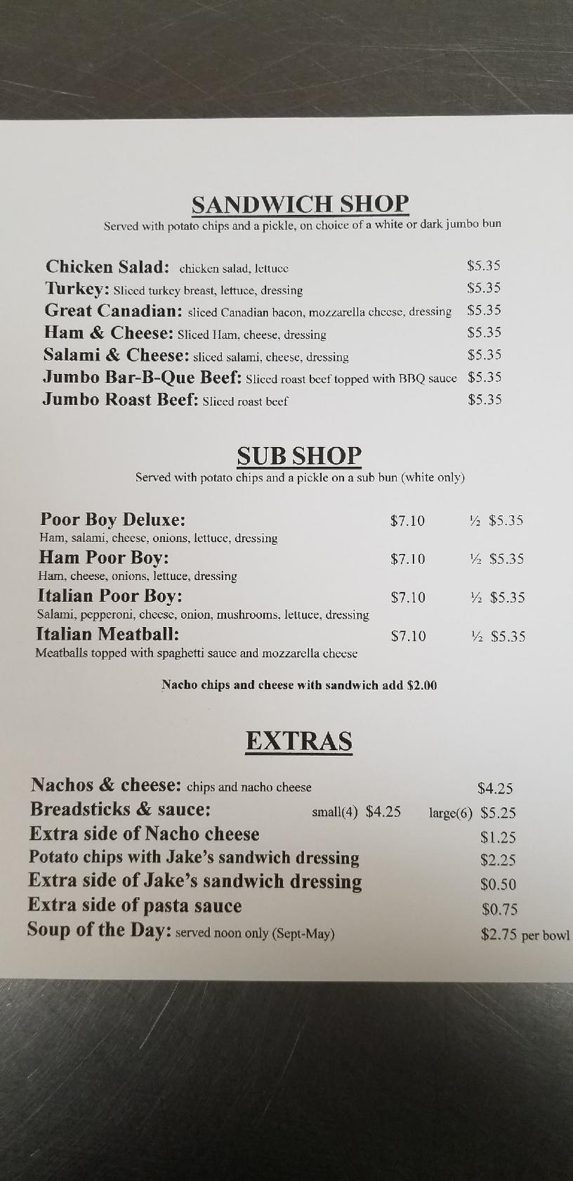 Menu at Jake's Pizza pizzeria, Roseau