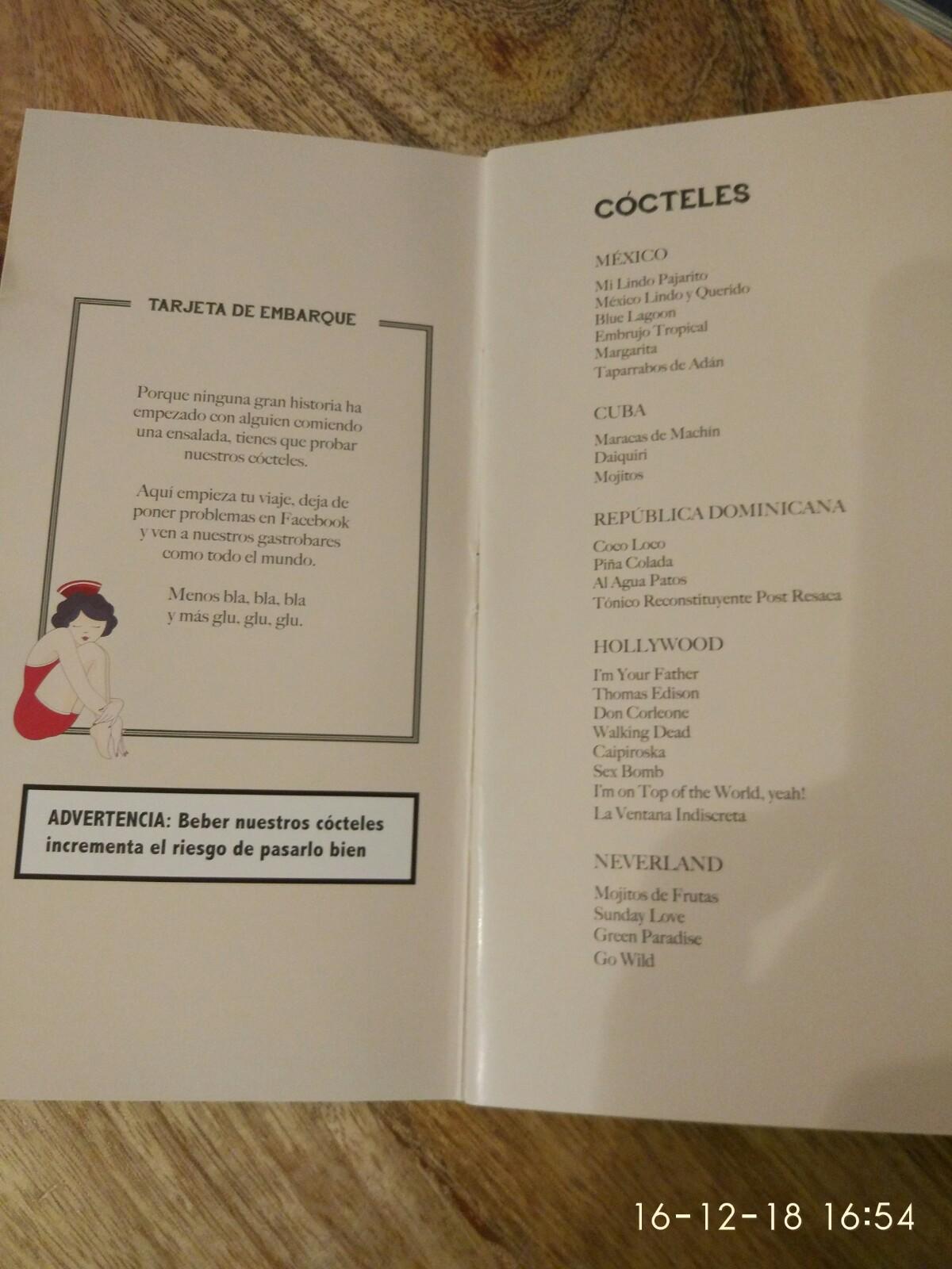 Menu at Koa Bar de Copas, Madrid