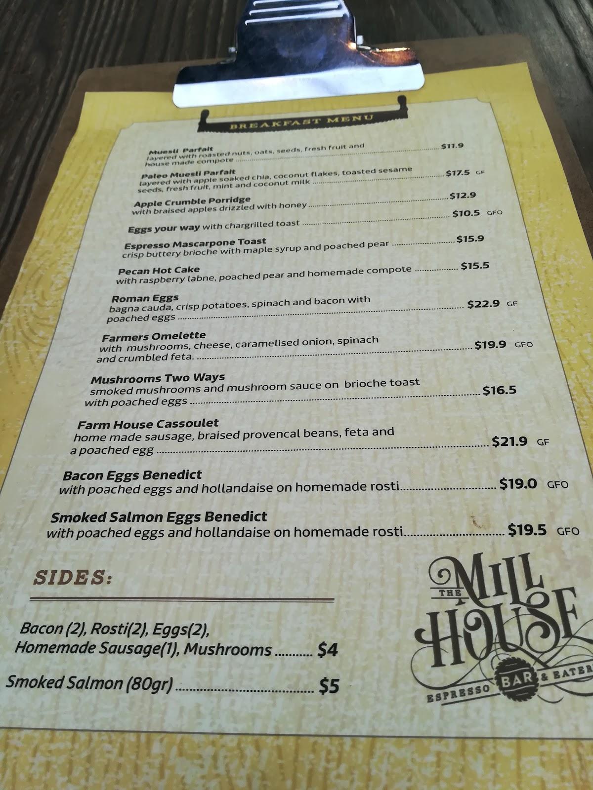 Menu at The Mill House restaurant, Tauranga
