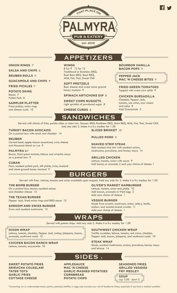 Menu at Palmyra Pub and Eatery, Dixon
