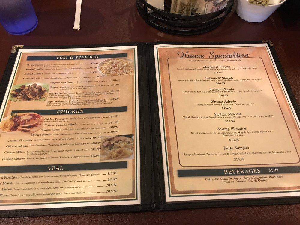Menu at Pap's Italian Grill restaurant, Bandera, 632 TX-16