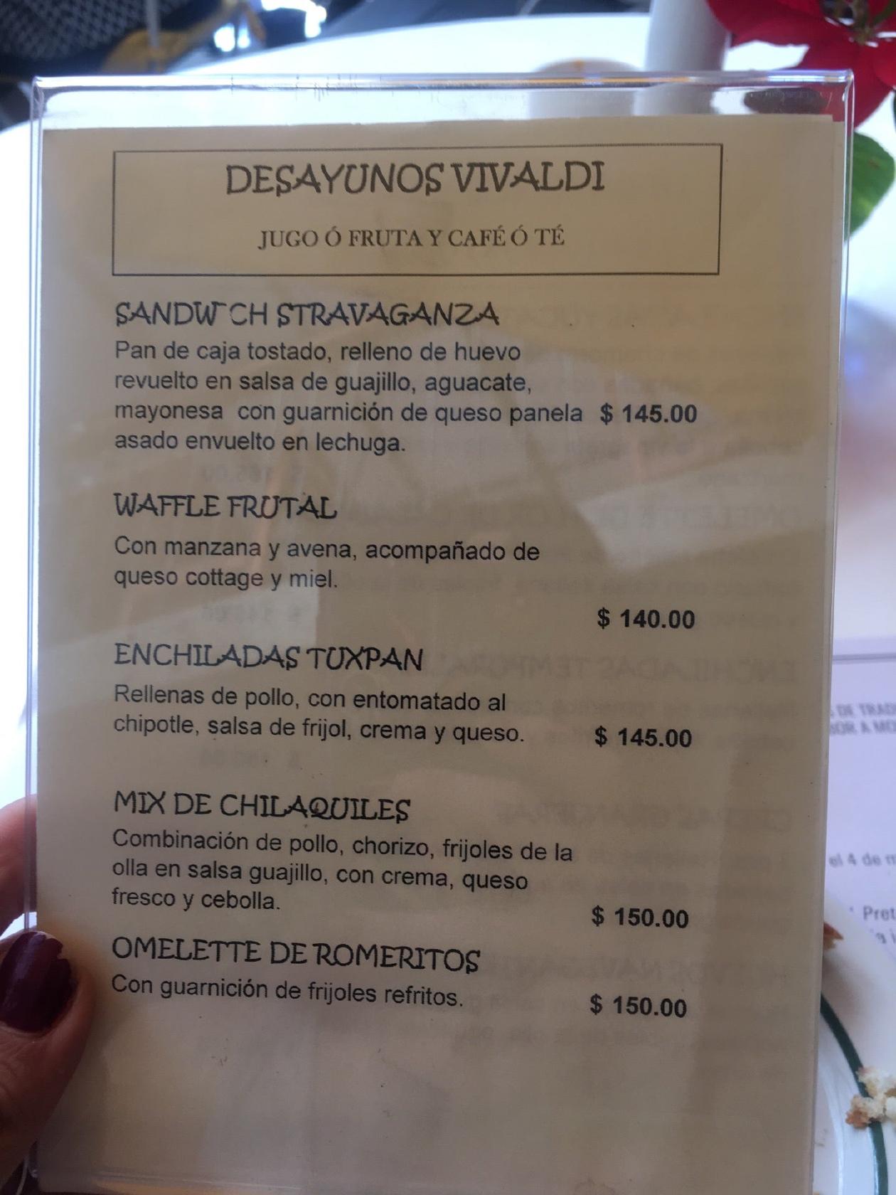 Menu at Vivaldi cafeteria, Cuernavaca, Calle Pericon 102