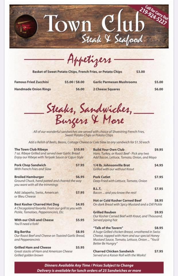 Menu at Town Club Restaurant, Highland