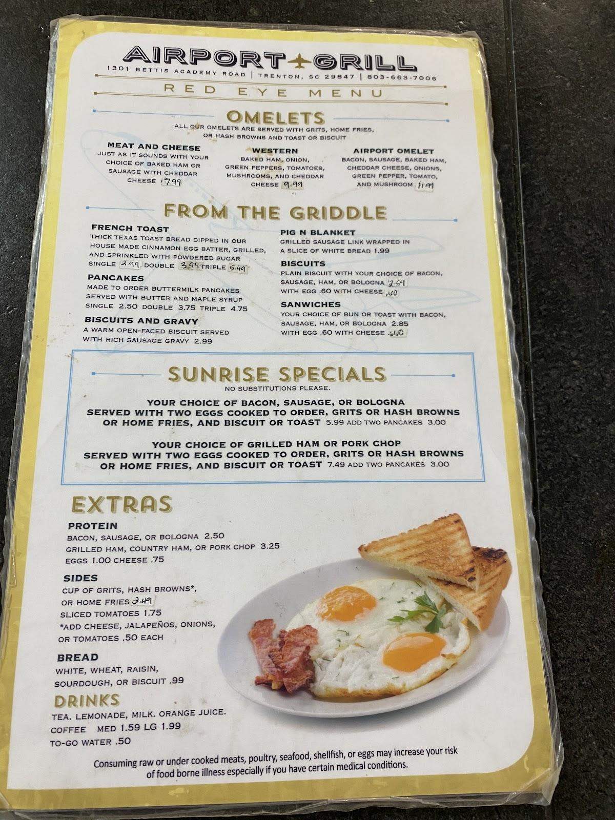Menu at Airport grill restaurant, USA