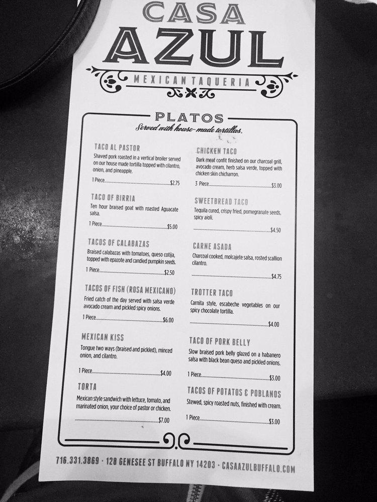 Menu at Casa Azul restaurant, Buffalo, 191 Allen St