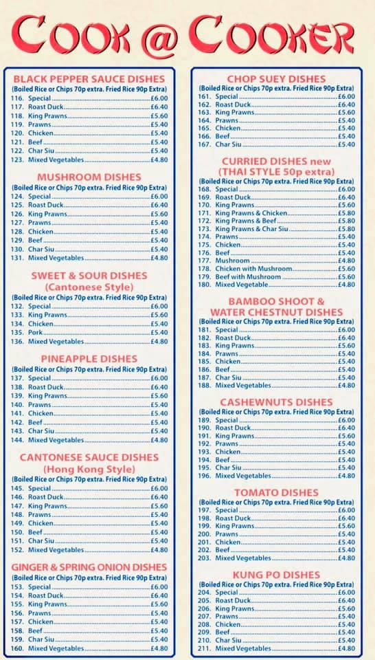 Menu at Cook @ Cooker Chinese Takeaway restaurant, Houghton le Spring