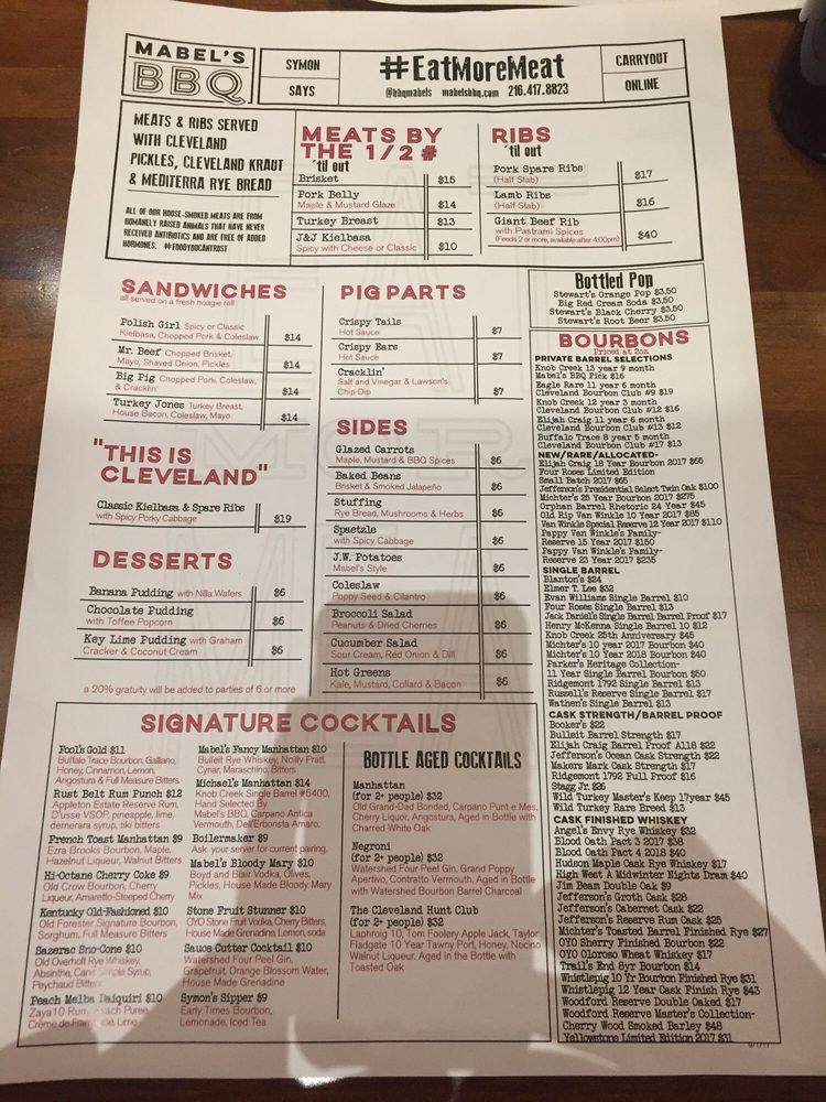 Menu at Mabel's BBQ, Cleveland