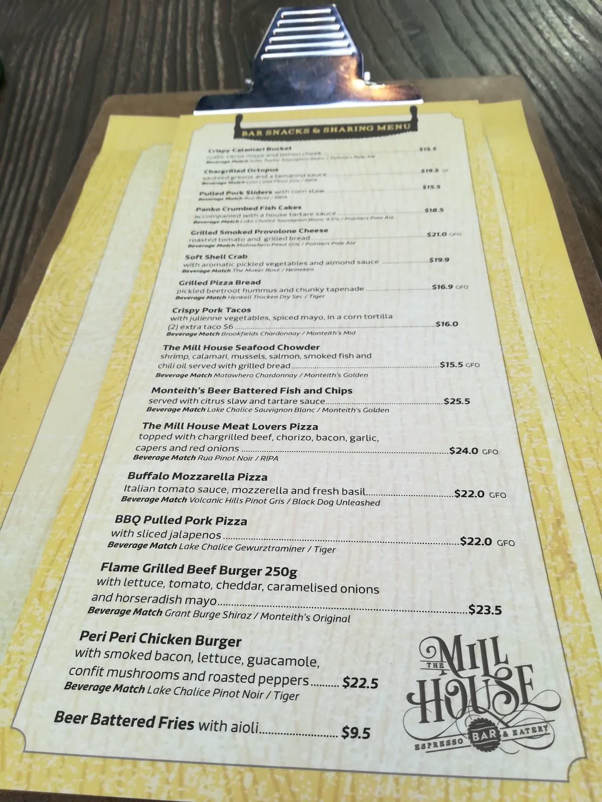 Menu at The Mill House restaurant, Tauranga