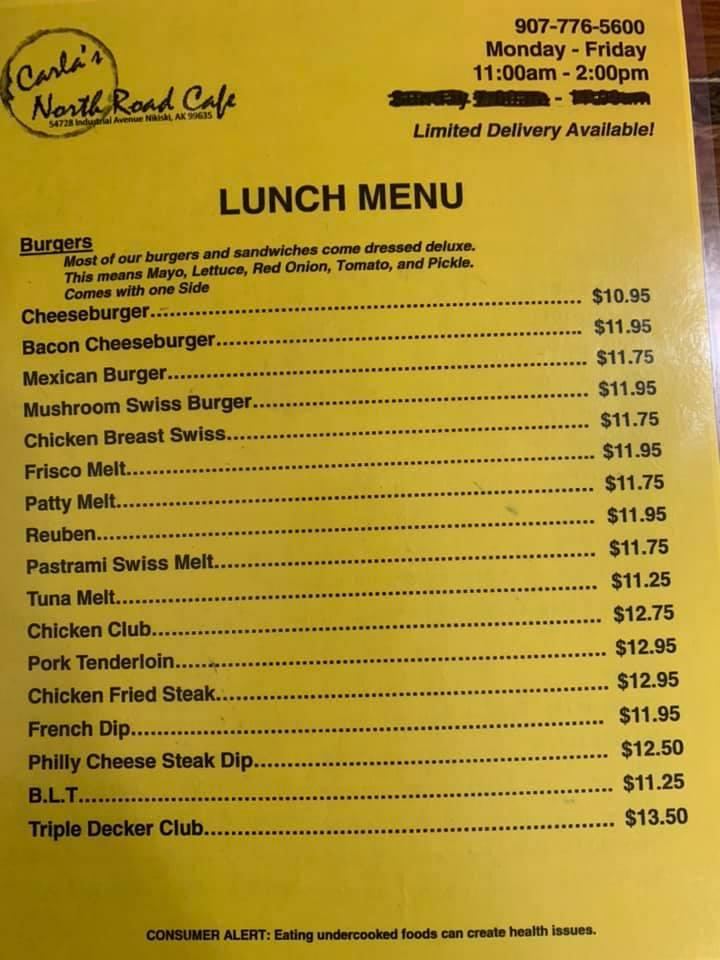 Menu at Carla's North Road Cafe, Nikiski