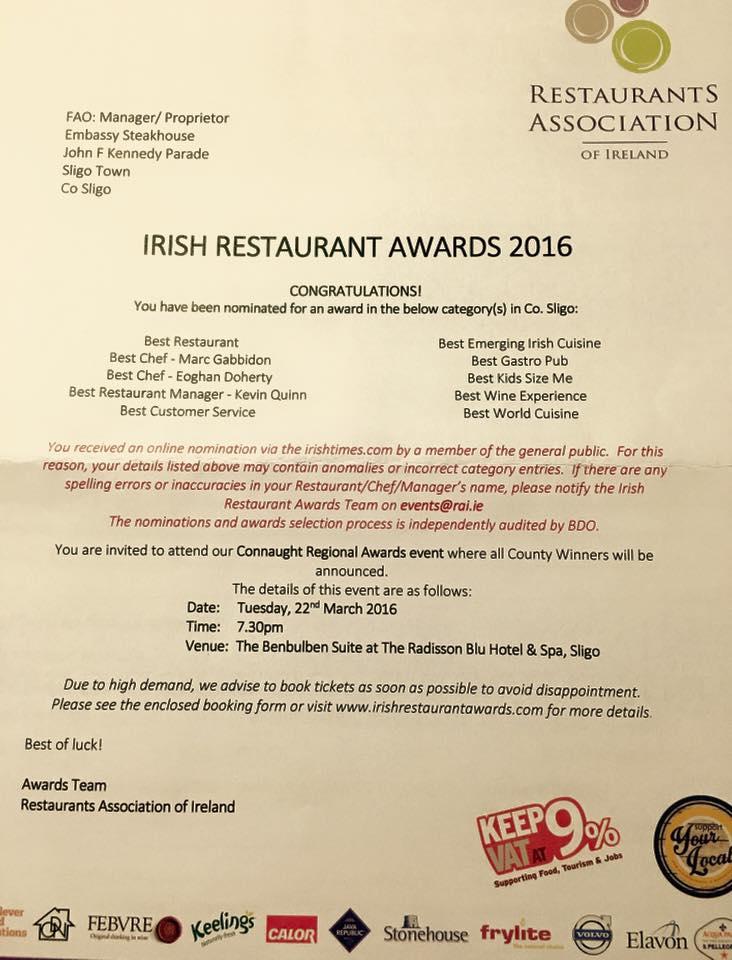 Menu at Embassy Steakhouse Restaurant, Sligo