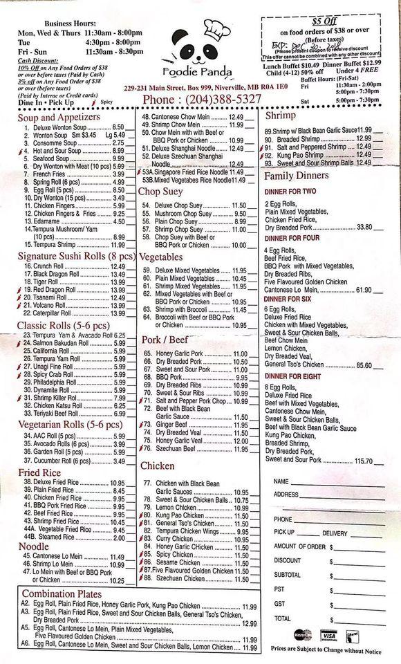 Menu at Foodie Panda restaurant, Niverville, 229 Main St