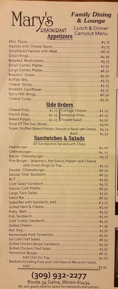 Menu at Mary's Family Dining and Lounge restaurant, Galva