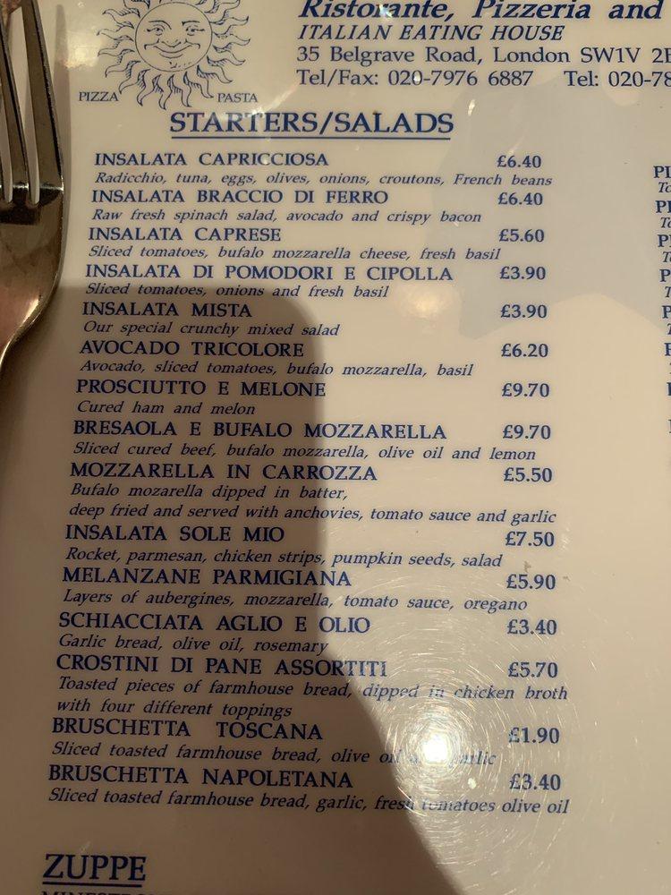 Menu at O'Sole Mio restaurant, London