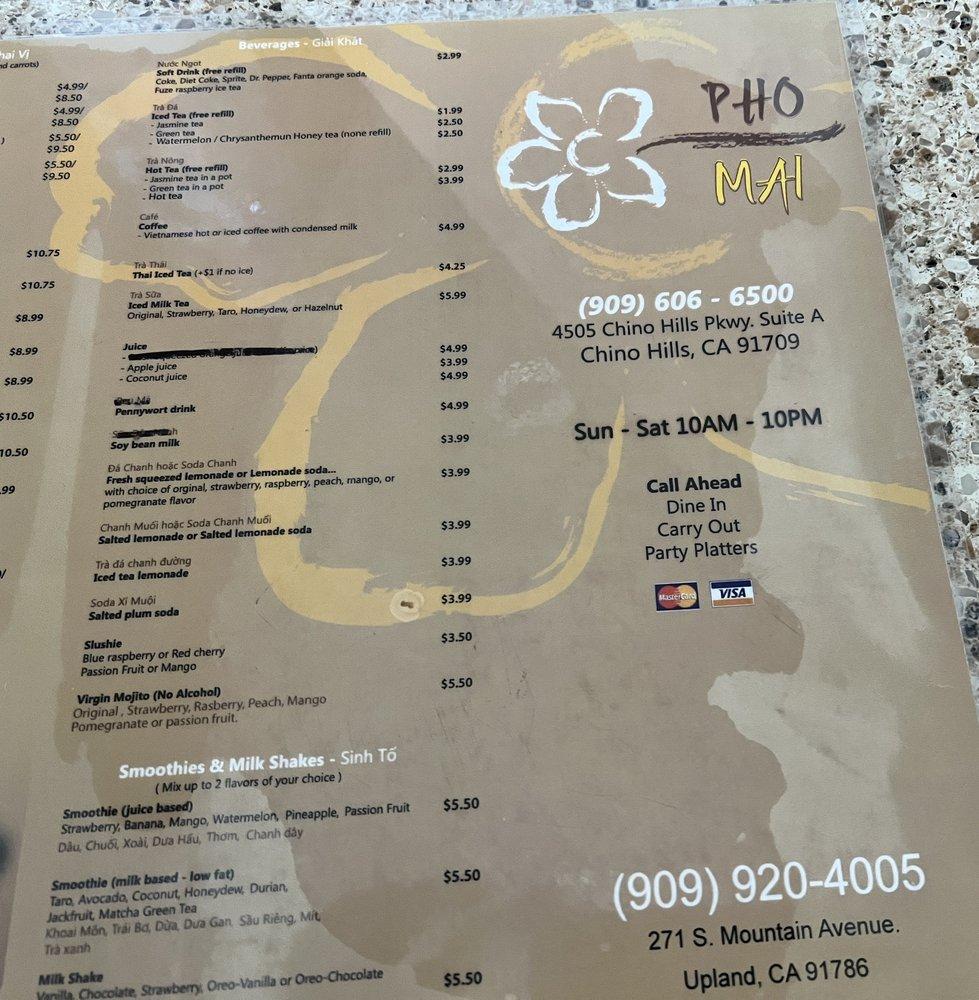 Menu at Pho Mai restaurant, Chino Hills