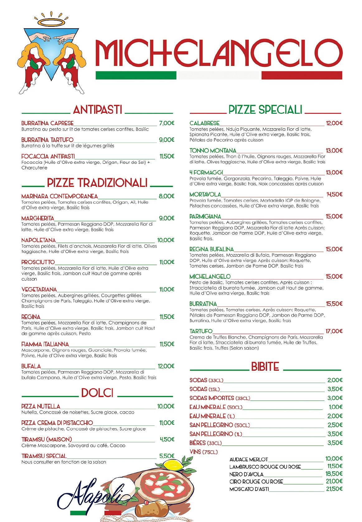 Menu au Pizzeria MichelAngelo, Saint-Avold