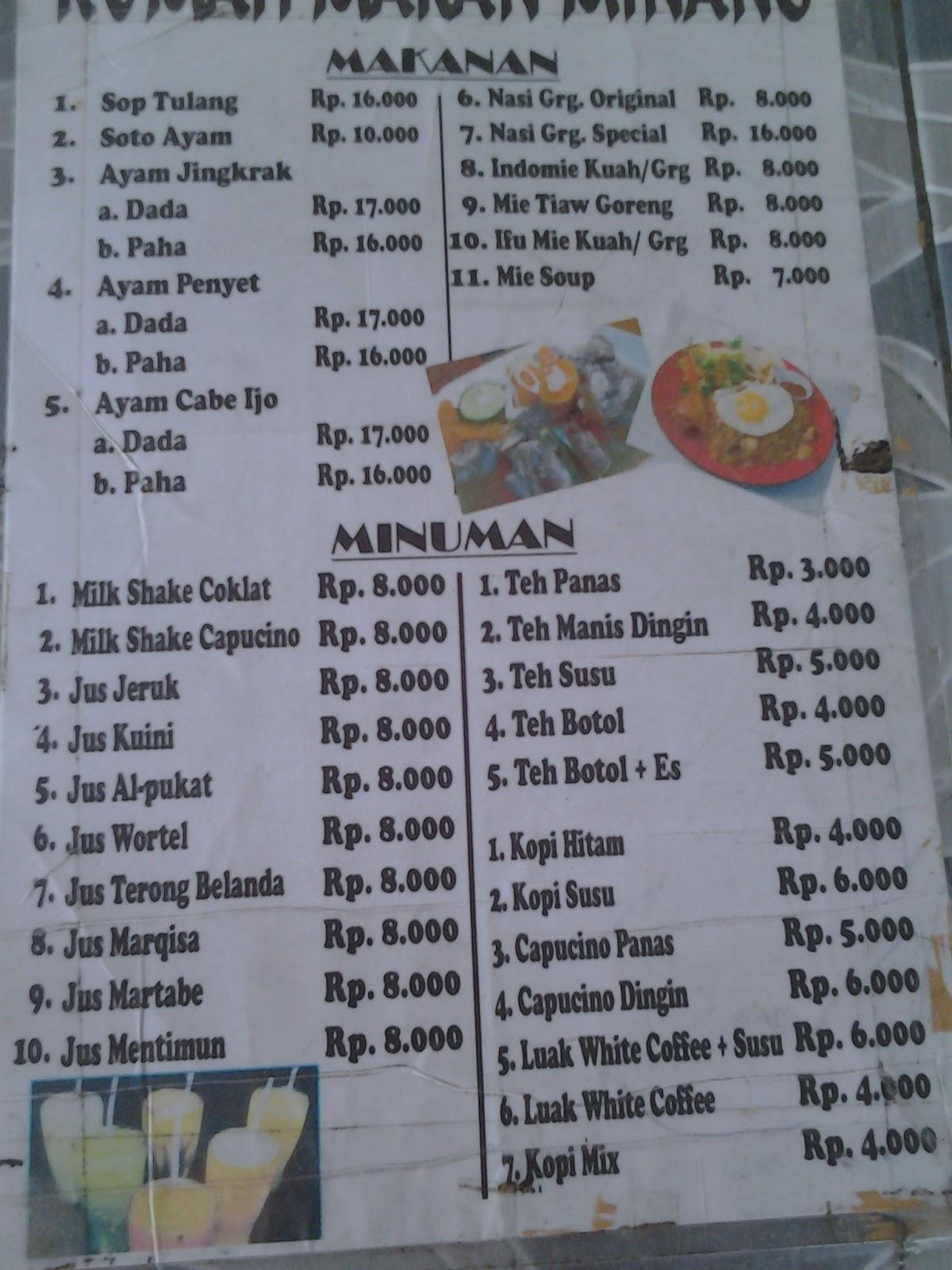 Carta del restaurante RM.MINANG SPESIAL AYAM JINGKRAK, Lubuk Pakam