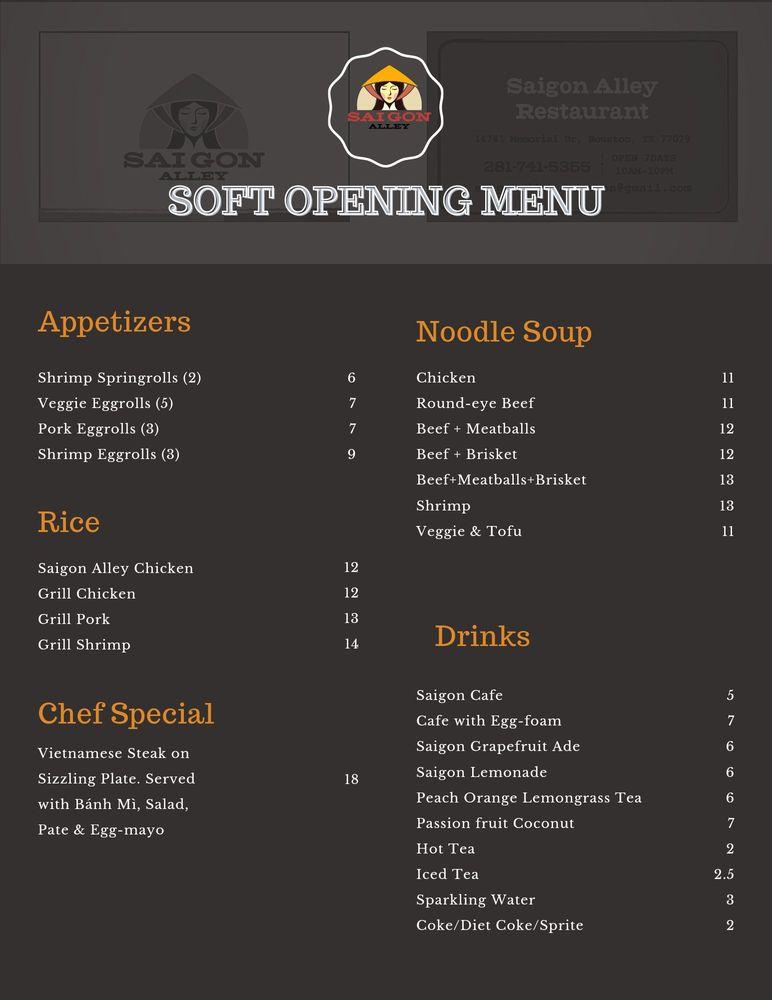 Menu at Saigon Alley Restaurant, Houston
