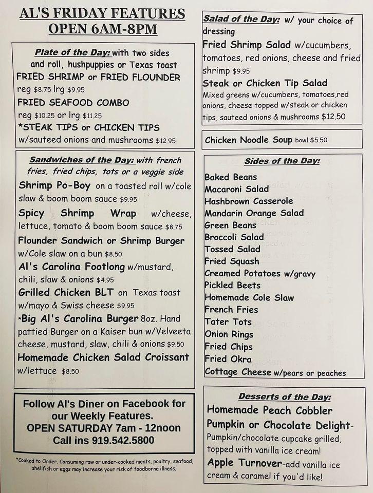 Menu at Al's Diner restaurant, Pittsboro