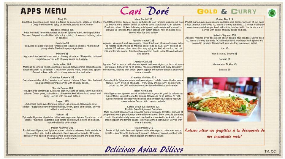 Menu au Cari Doré restaurant, Québec, 105-B Ch Ste-Foy