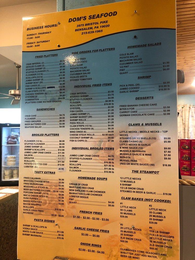 Menu at Dom's Seafood restaurant, Bensalem