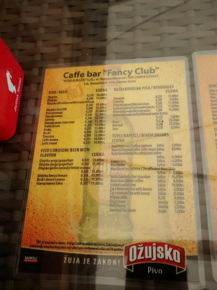 Menu at Fancy Club, Ravna Gora