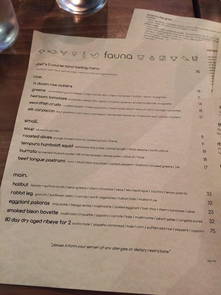 Carta del pub y bar Fauna, Ottawa