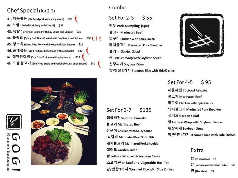Menu at GOGI Korean BBQ, Calgary