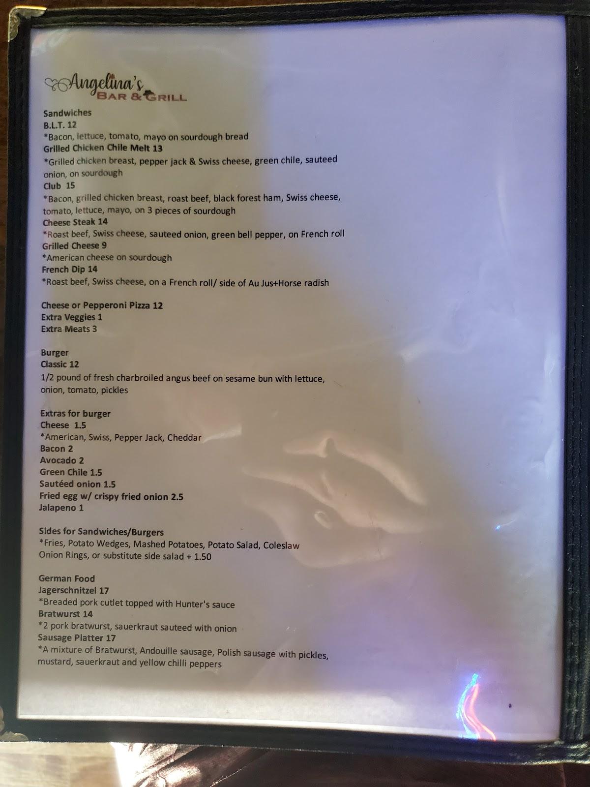 Menu at Angelina’s Bar And Grill, Oceanside
