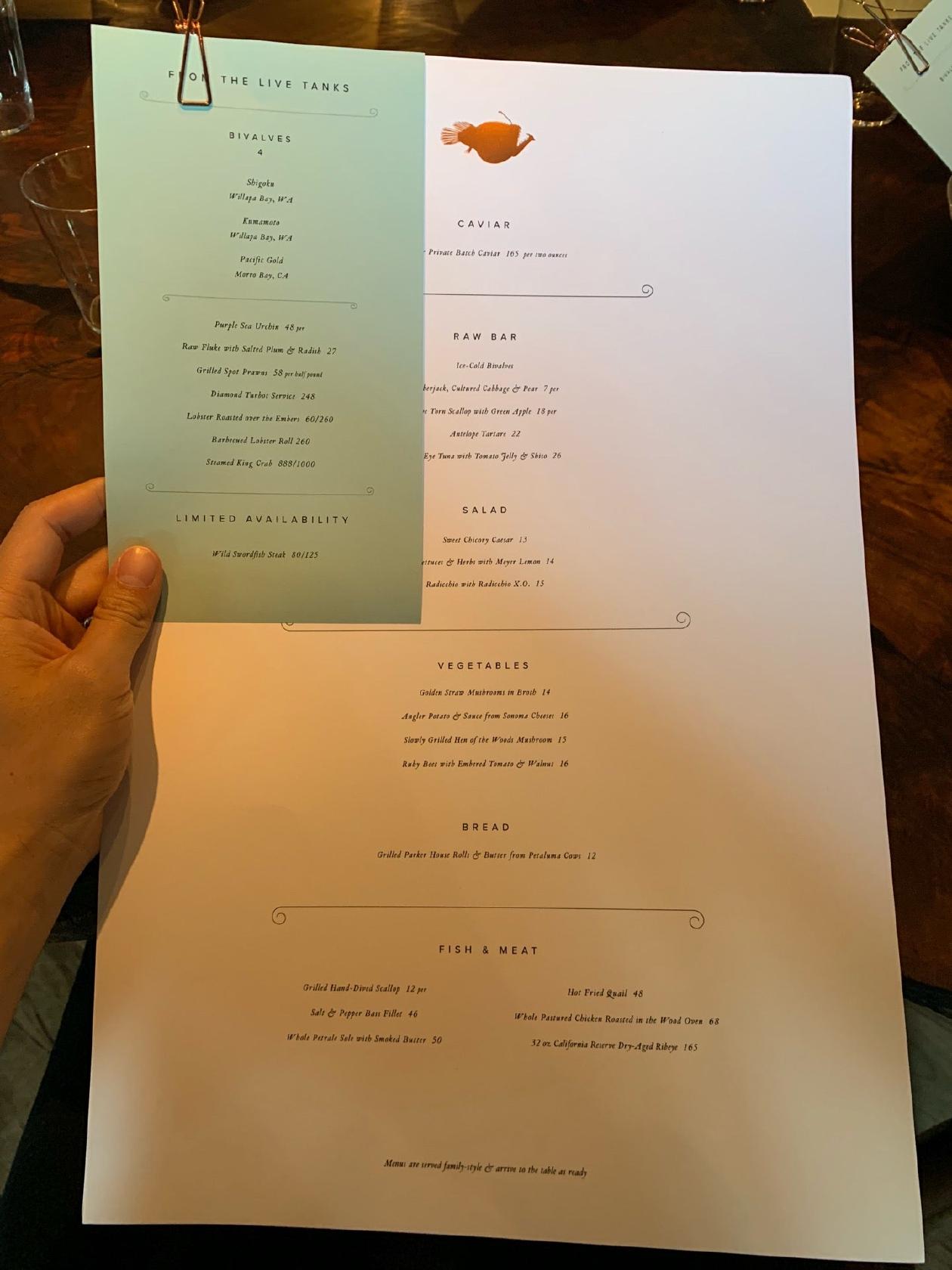 Menu at Angler steakhouse, San Francisco