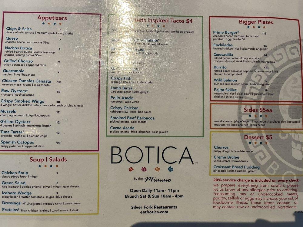 Menu at Botica pub & bar, Atlanta