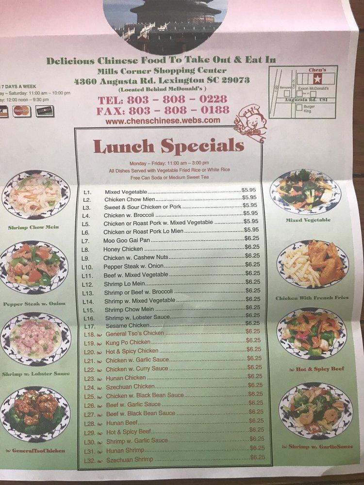 Menu at Chen's Chinese Restaurant, Lexington, Augusta Rd