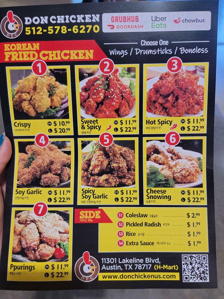 Menu at Don Chicken Korean Fried Chicken restaurant, Austin