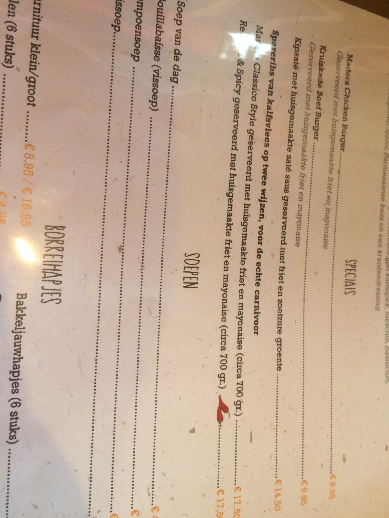 Menu at Madera House, Rotterdam