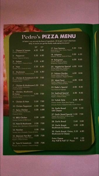 Menu at Pedro's Workington fast food, Workington