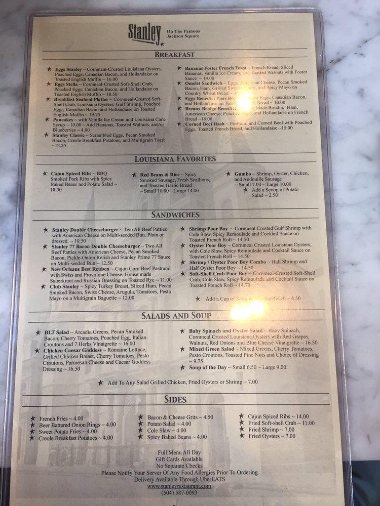 Menu at Stanley of New Orleans restaurant, New Orleans