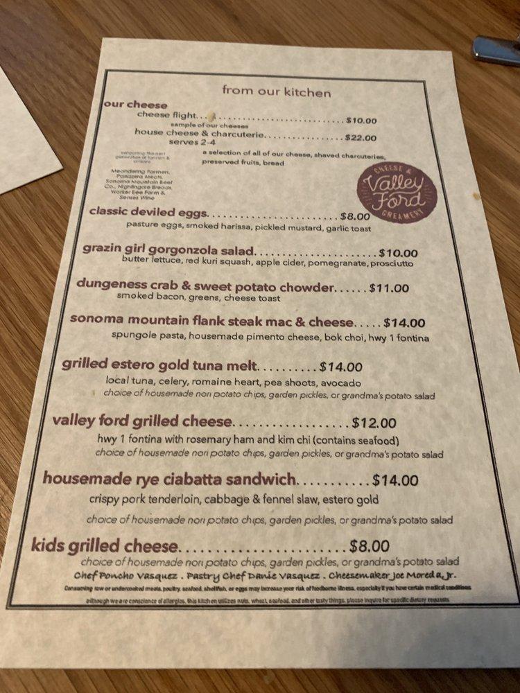 Menu at Valley Ford Cheese and Creamery restaurant, Valley Ford