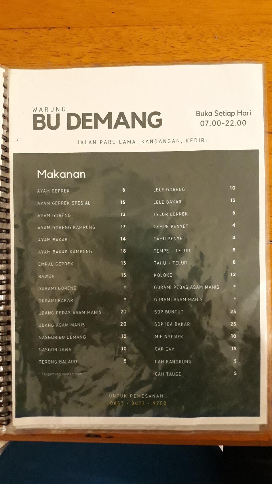 Menu at Warung Bu Demang, Indonesia