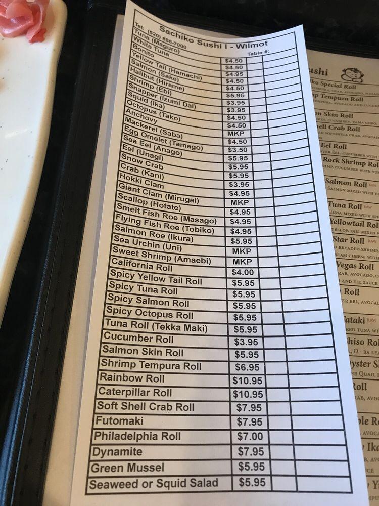 Menu at Sachiko Sushi restaurant, Tucson, N Wilmot Rd