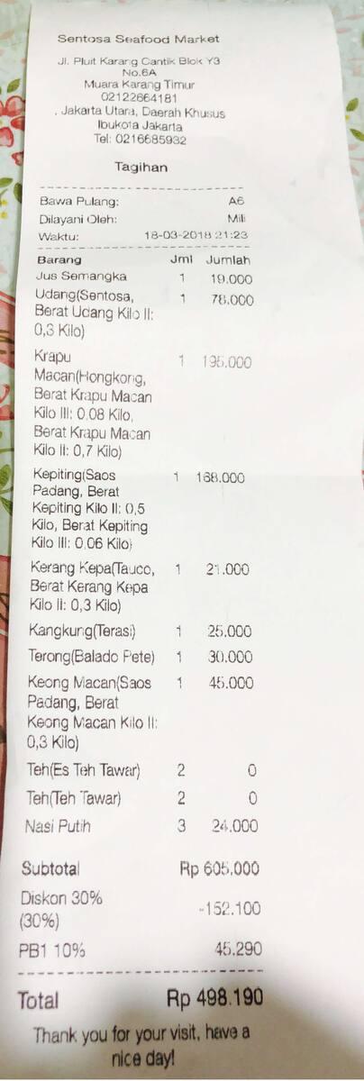 Menu at Sentosa Seafood Market restaurant, Jakarta, Jl. Pluit Karang ...