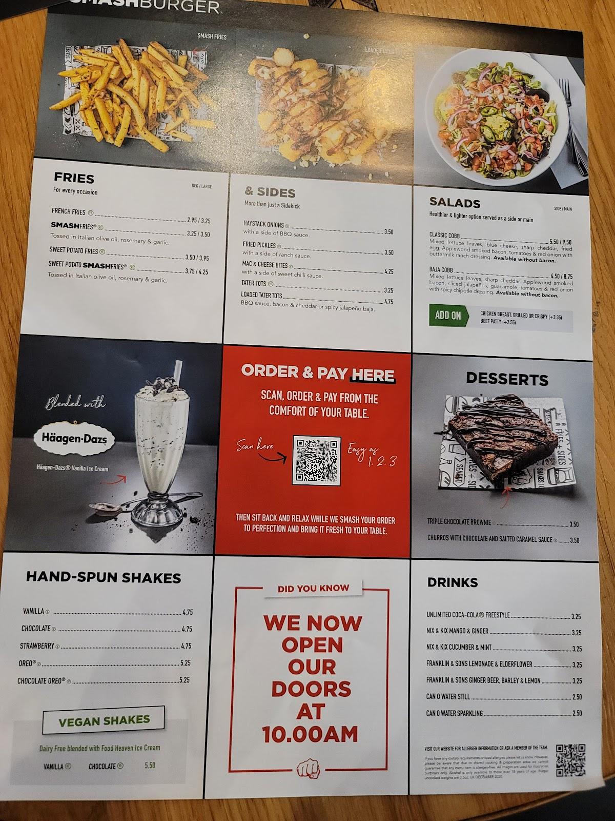 Menu at Smashburger restaurant, Glasgow