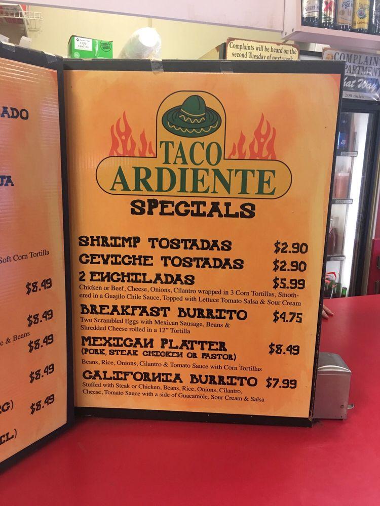 Menu at Taco Ardiente restaurant, Naples, Pine Ridge Rd