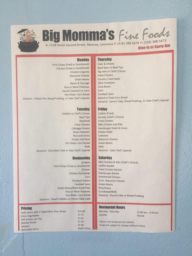 Menu at Big Momma's Fine Foods restaurant, Monroe