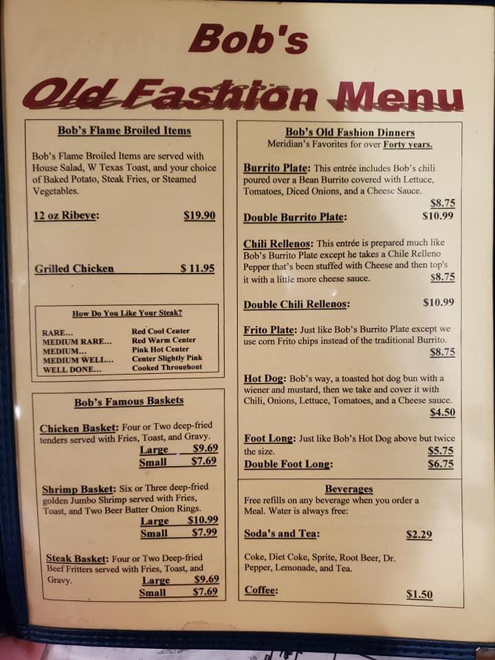 Menu at Bob's Landmark Eatery restaurant, Comanche
