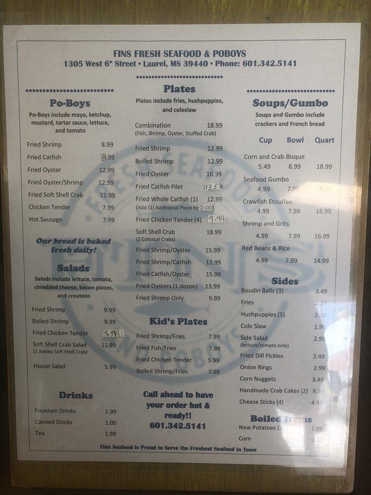 Menu at Fins Fresh Seafood and Po Boys restaurant, Laurel
