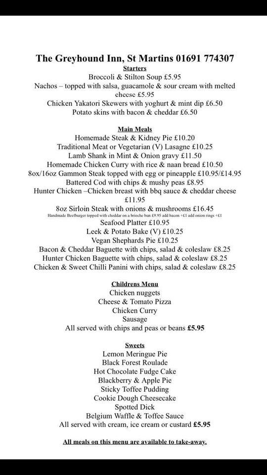 Menu at Greyhound Inn restaurant, Saint Martin's