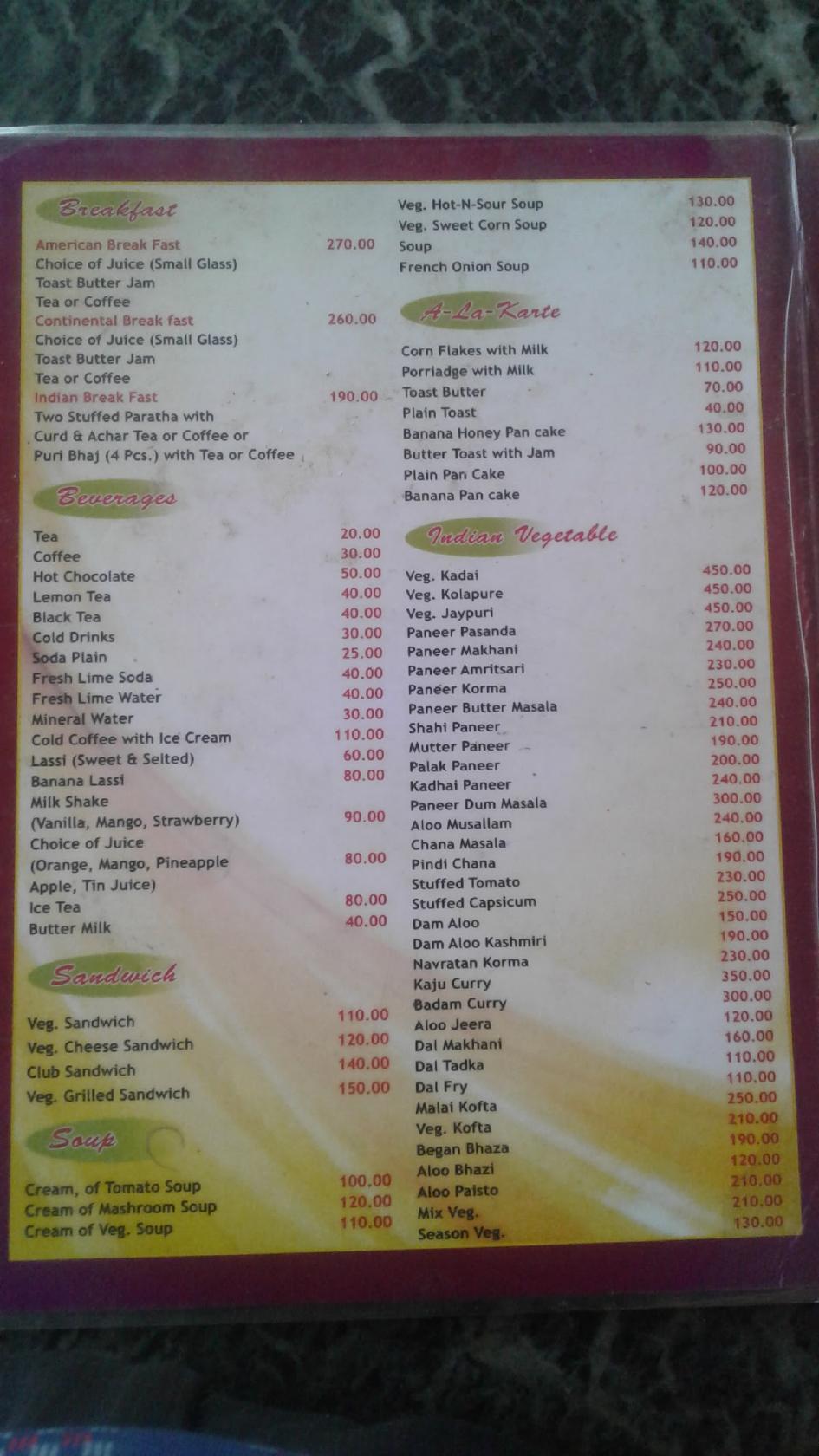 Menu at Hotel Maa Gayatri Palace and Restaurant, Agra